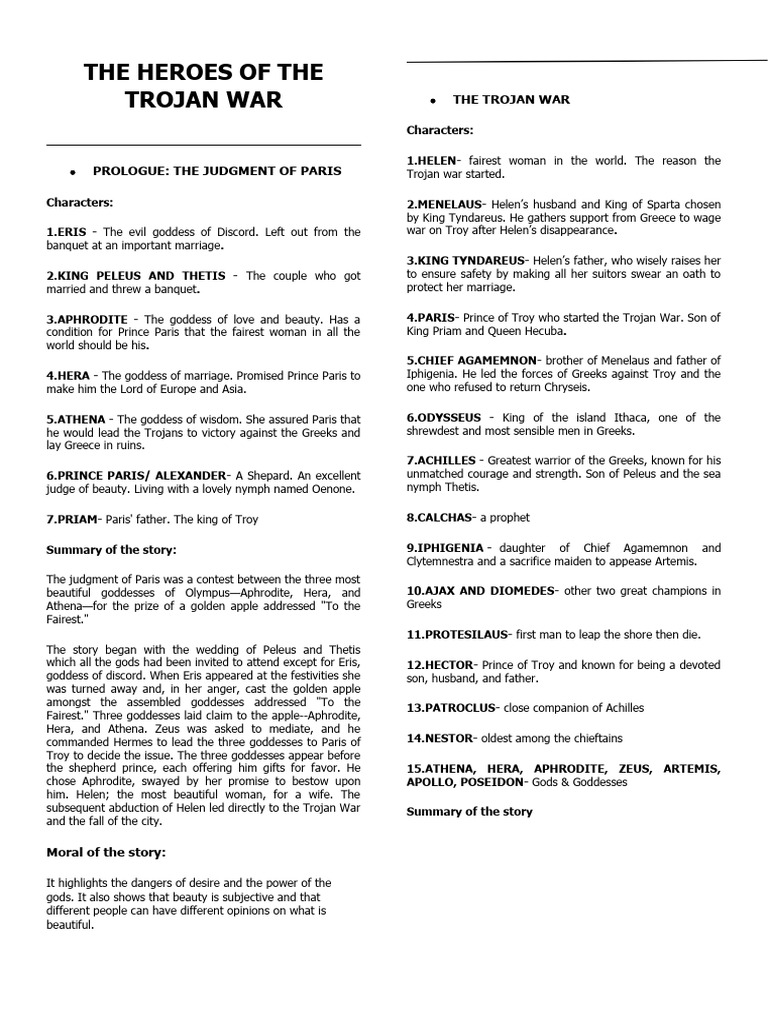 The Heroes of The Trojan War Handouts | PDF | Paris (Mythology) | Hector