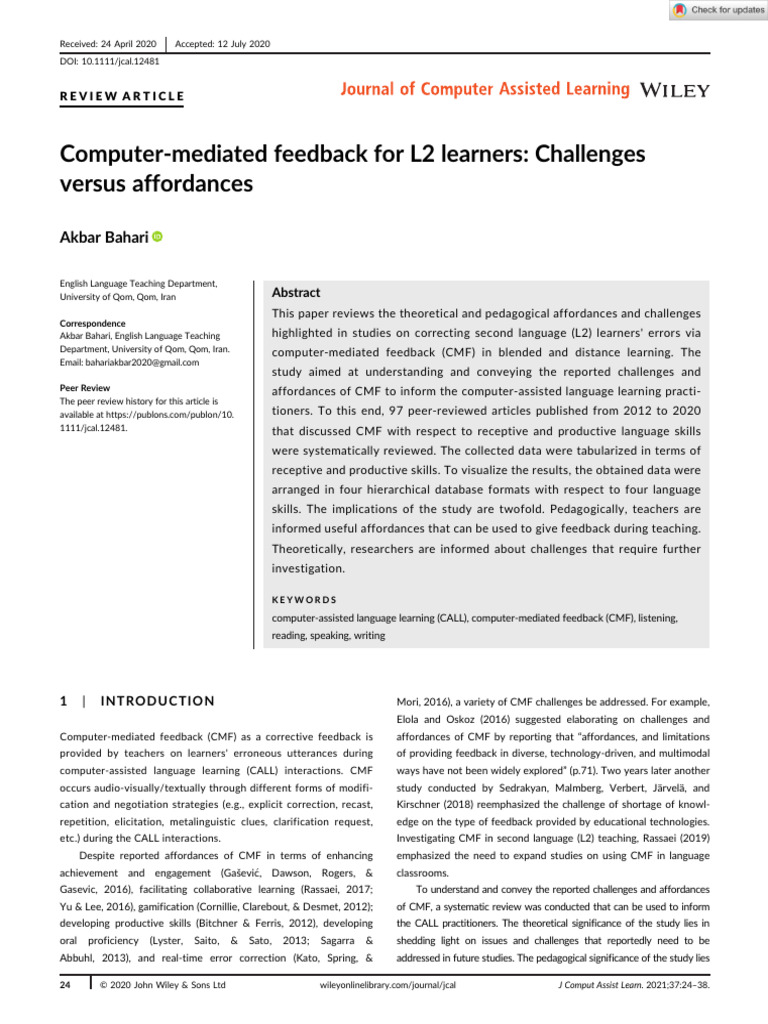 Computer Assisted Learning - 2020 - Bahari - Computer Mediated Feedback For L2 Learners ...
