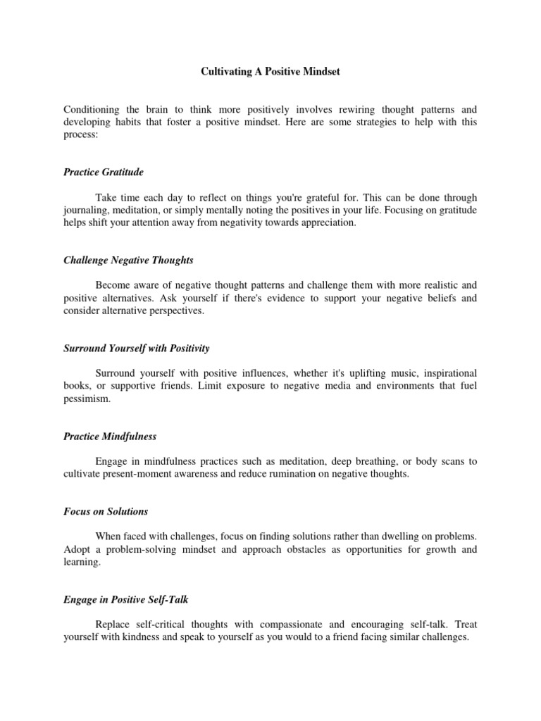 Cultivating A Positive Mindset | PDF | Optimism | Thought
