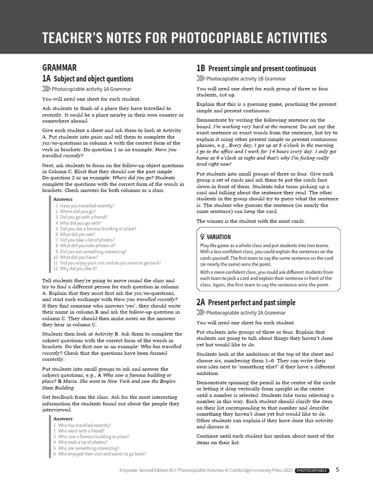 Empower Intermediate Photocopiable - Teacher Notes | PDF | Question ...
