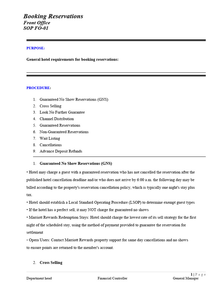 SOP FO-1 Bookings Reservation | PDF | Marriott International | Hotel