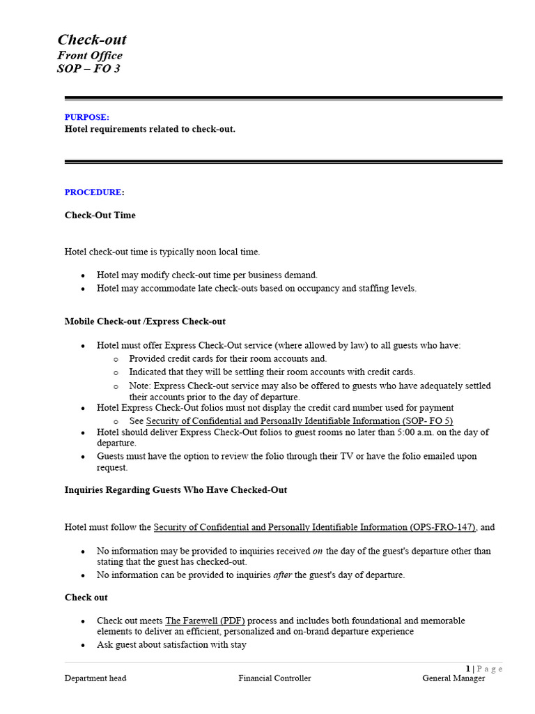 SOP FO-3 Check-Out | PDF | Credit Card | Hotel