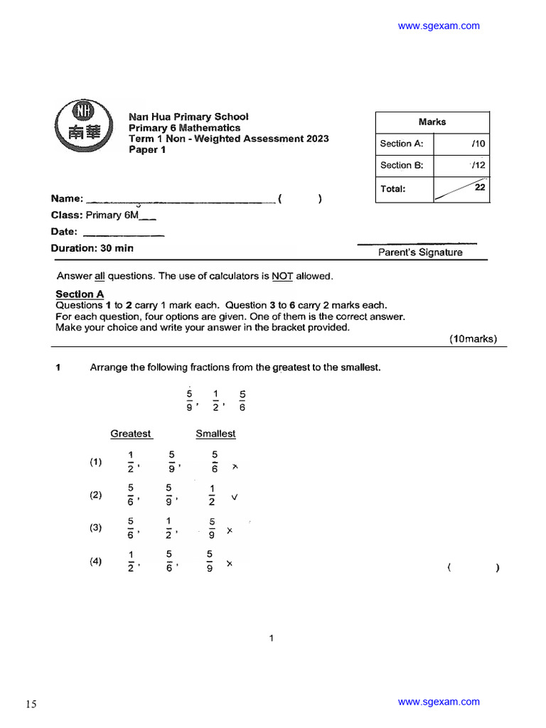 2023 P6 Maths Weighted Assessment 1 Nan Hua | PDF | Mathematics