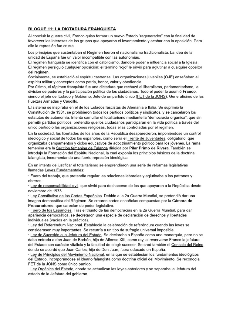 (Historia) Bloque 11 - La Dictadura Franquista | PDF | España franquista | Francisco franco