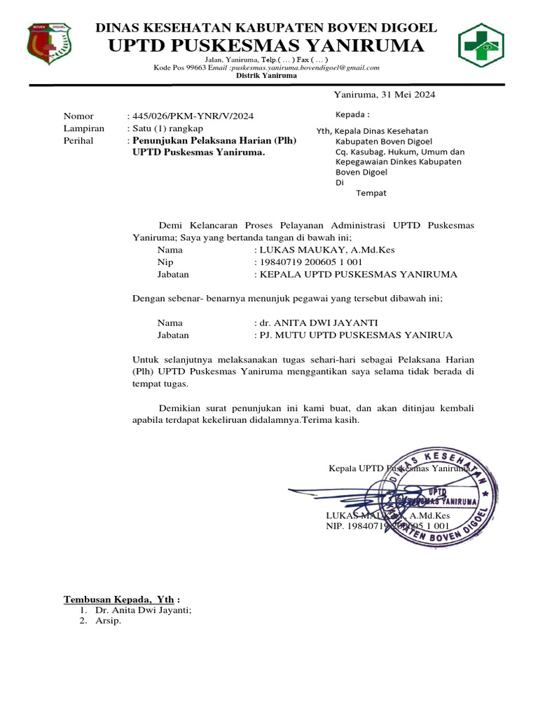 Surat Penunjukan Pelaksana Harian UPTD | PDF | Kesehatan Holistik