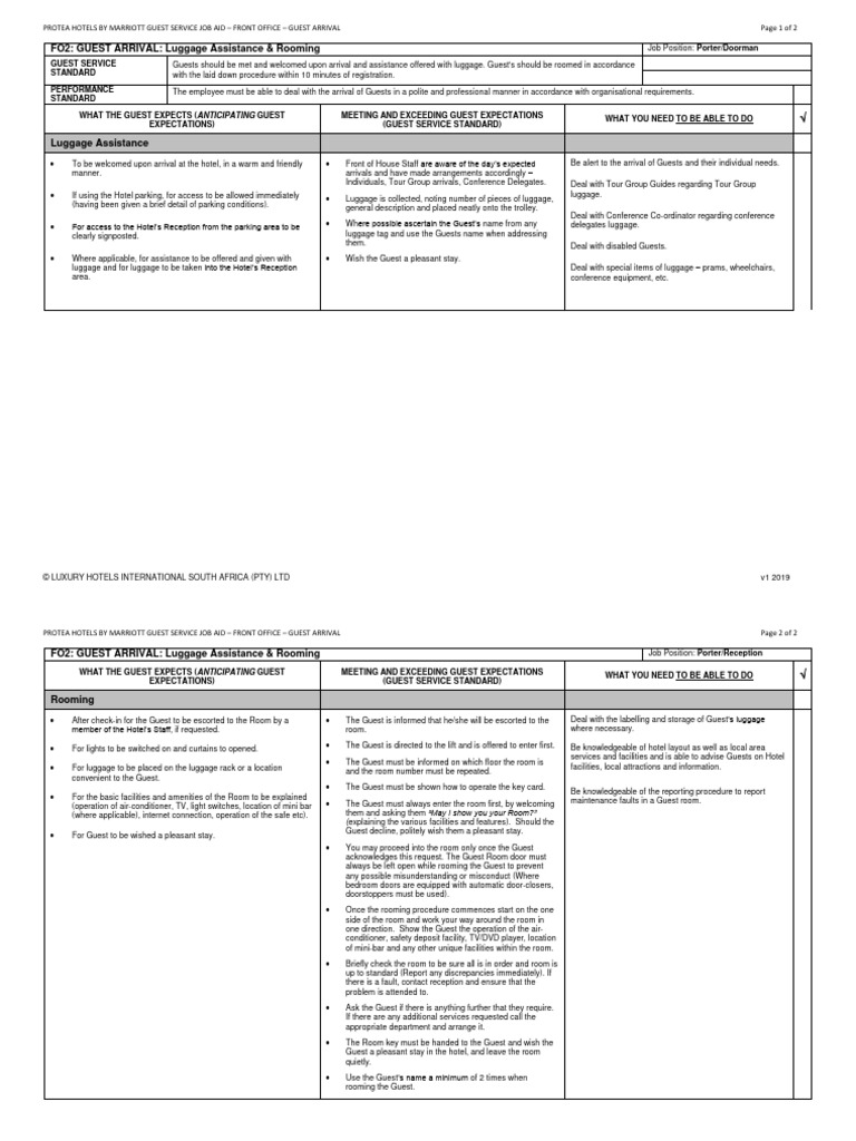 Guest Arrival Procedures for Porters | PDF | Hotel