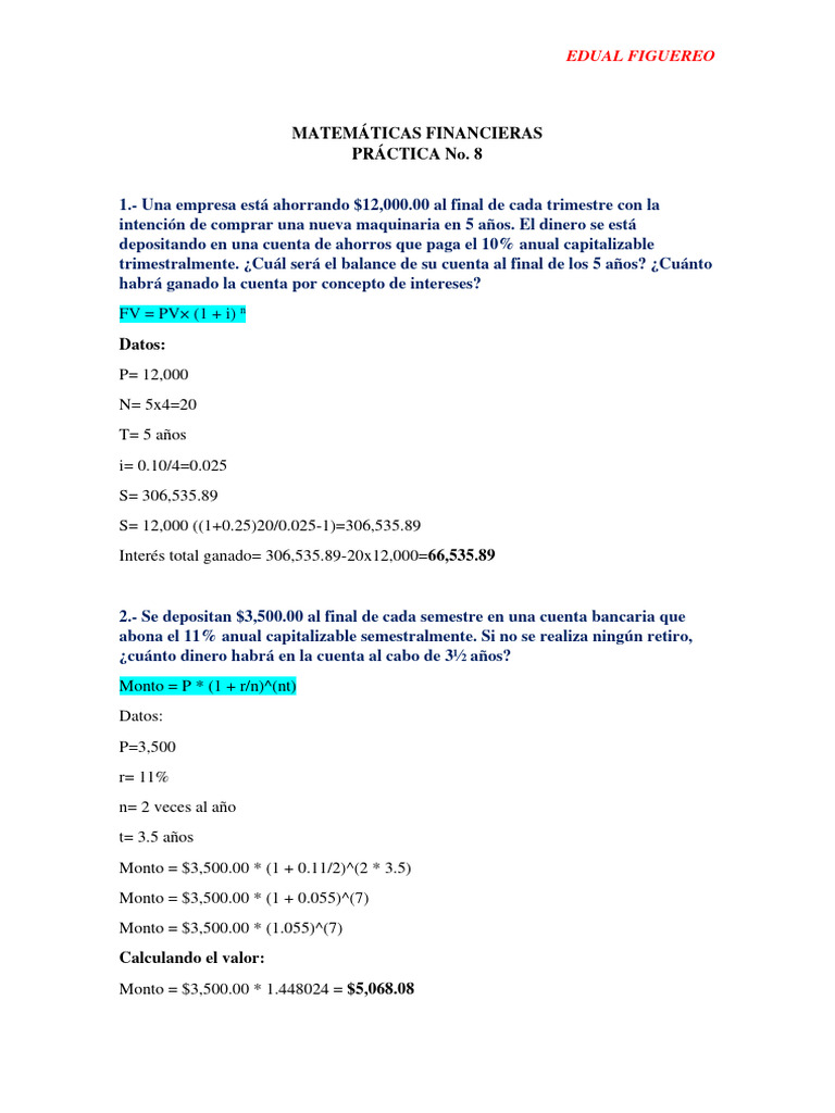 Matemã - Ticas Financieras, Practica 8 y 9 | PDF | Bancos | Business