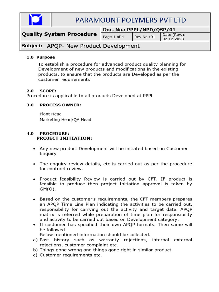 PPPL NPD QSP 01 Apqp | Download Free PDF | New Product Development ...