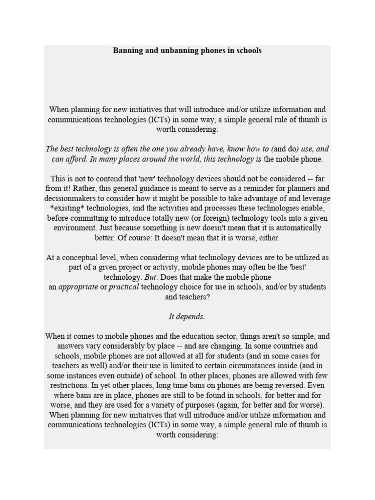 Banning and Unbanning Phones in Schools | PDF | Information And ...