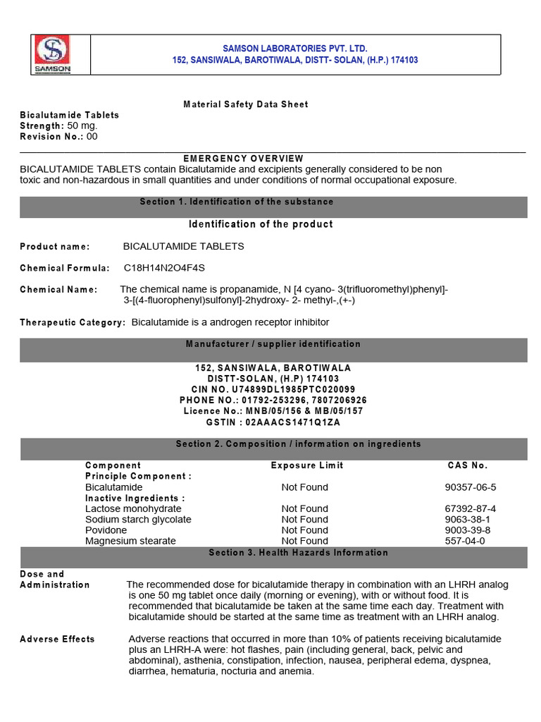 MSDS Bicalutamide Tablets-.33333 | PDF | Myocardial Infarction | Dose ...