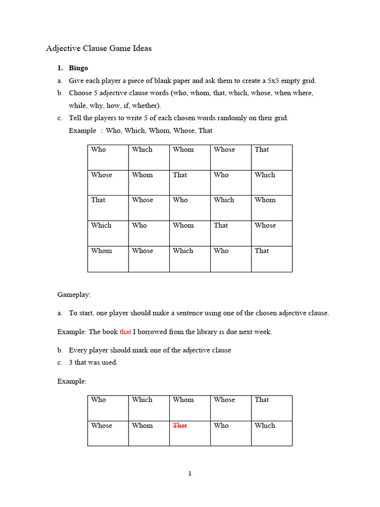 Adjective Clause Game Ideas | PDF
