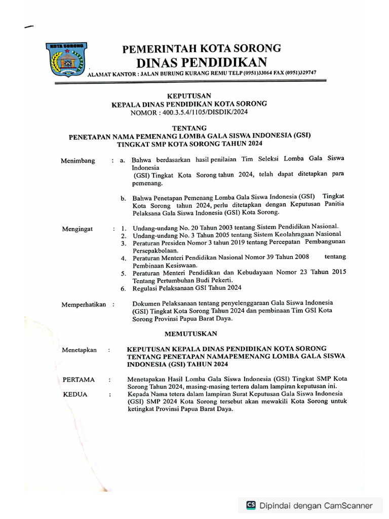 SK Pemenang Gsi Kota Sorong 2024 | PDF