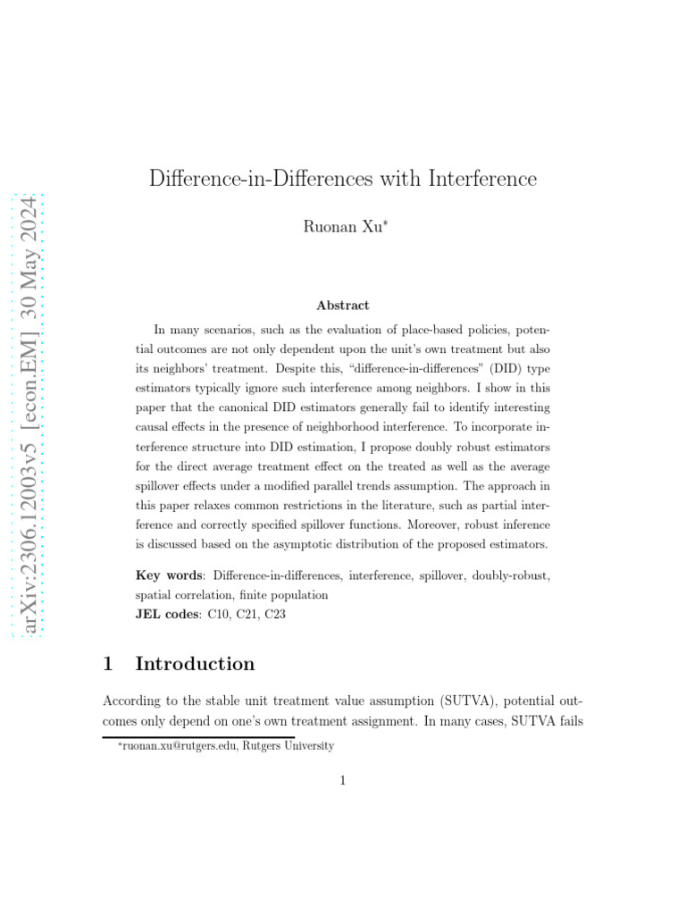 Difference-in-Differences With Interference: Ruonan Xu | PDF | Estimator | Function (Mathematics)