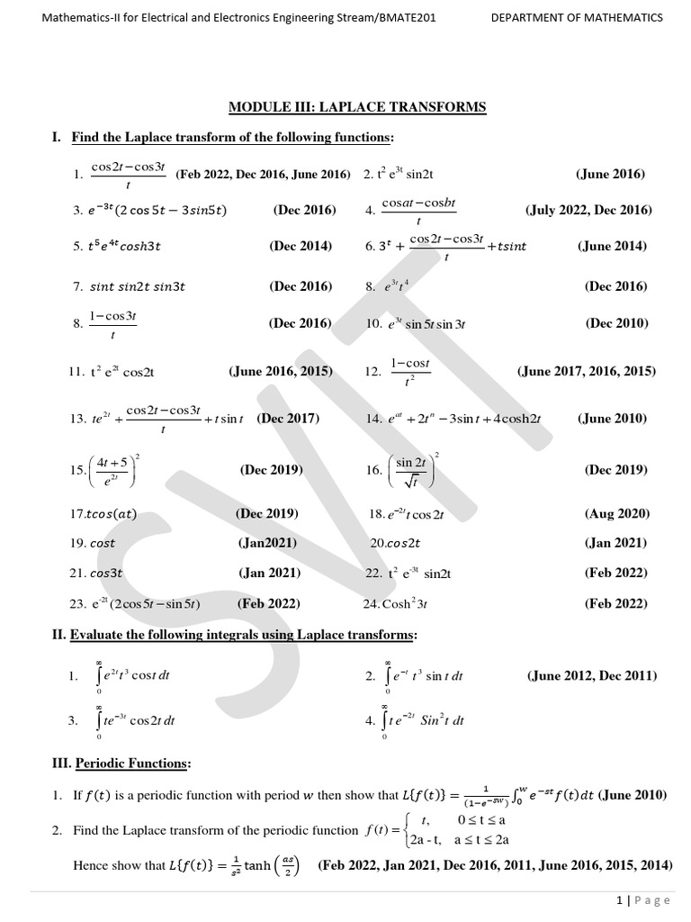 Module III - Laplace and Inverse Laplace Transforms QB | PDF | Laplace Transform | Mathematical ...