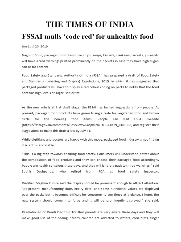 FSSAI News Code TOI 22 07 2019 | PDF | Convenience Food | Food Safety