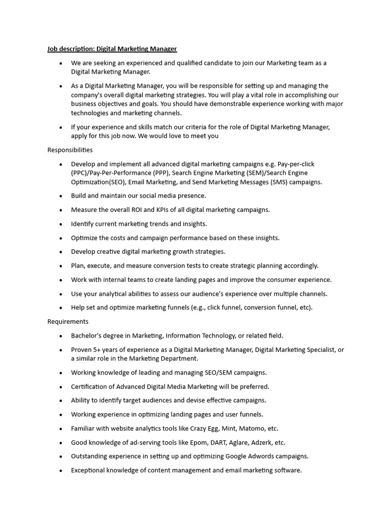 JD - Digital Marketing Manager | PDF | Digital Marketing | Search Engine Marketing