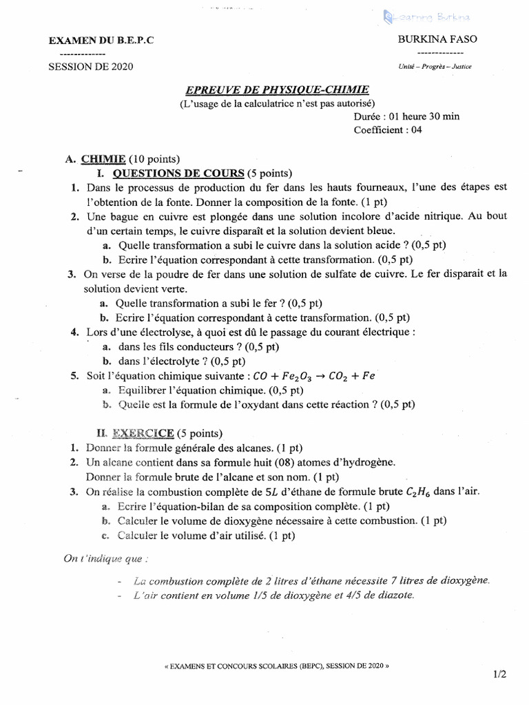 BEPC 2020 PhysiqueChimie | PDF