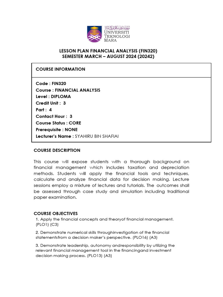 Lesson Plan Fin320 March 2024 - Aug 2024 | Download Free PDF | Capital ...