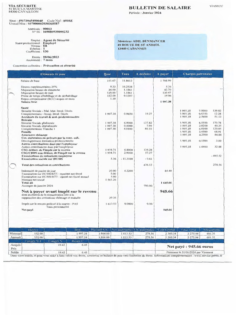 Bulletins de Salaire Janvier Fã©vrier Mars 2024 BENMANCER (VIA) | PDF ...