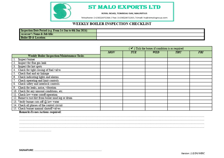 Weekly Boiler Inspection Checklist | PDF | Plumbing