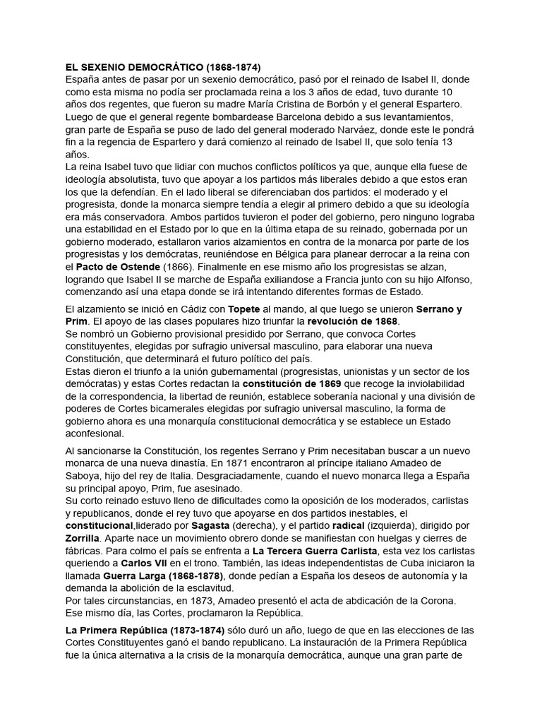 (Historia) Resumen-Bloque 6.2 - Sexenio Democrático (1868-1874) | PDF | Gobierno de españa | España