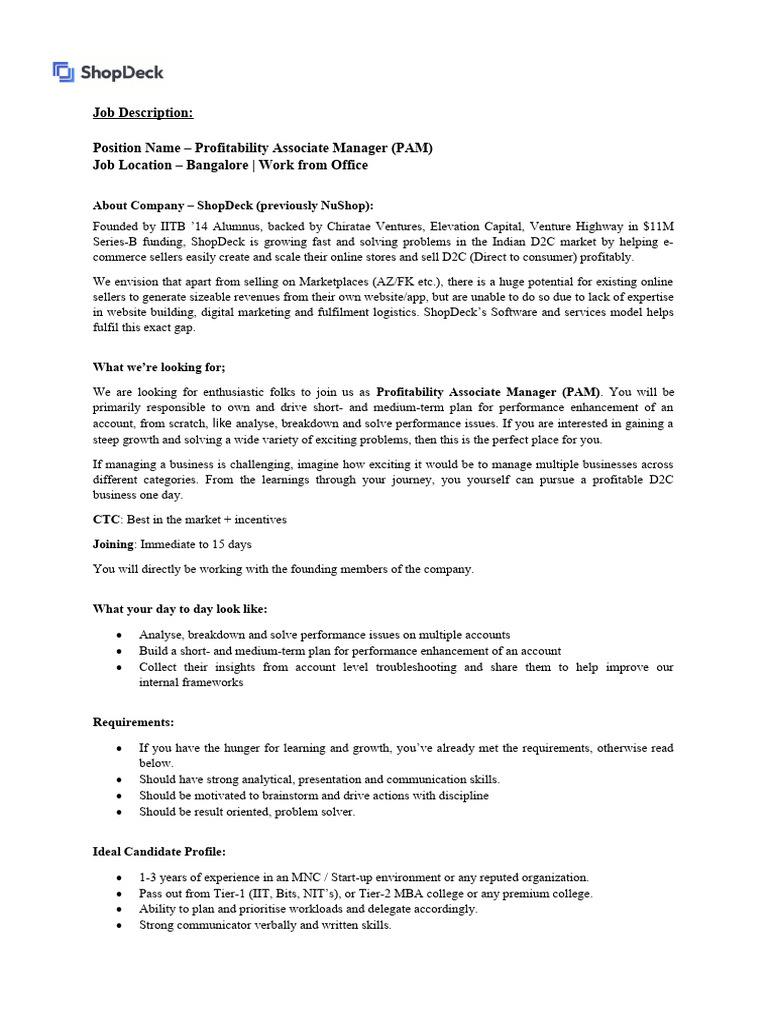 Profitability Associate Manager Job in Bangalore | PDF | Retail ...