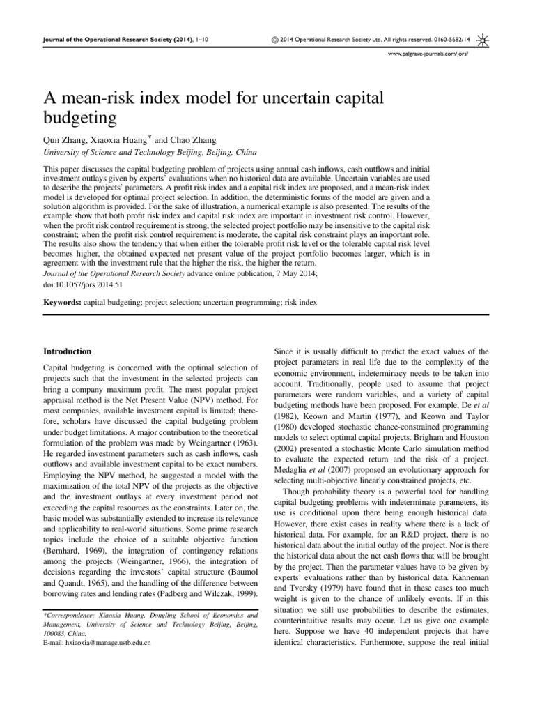 A Mean Risk Index Model For Uncertain Capital Budgeting PDF Fuzzy