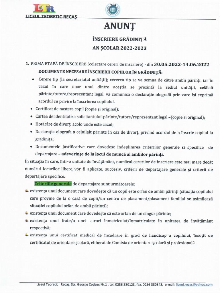 Anunt Inscriere Gradinita | PDF