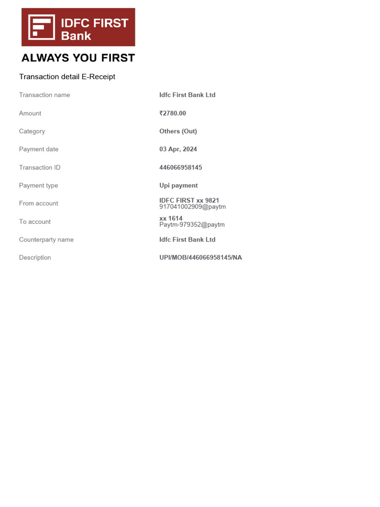 IDFC First Bank UPI Transaction Receipt | PDF