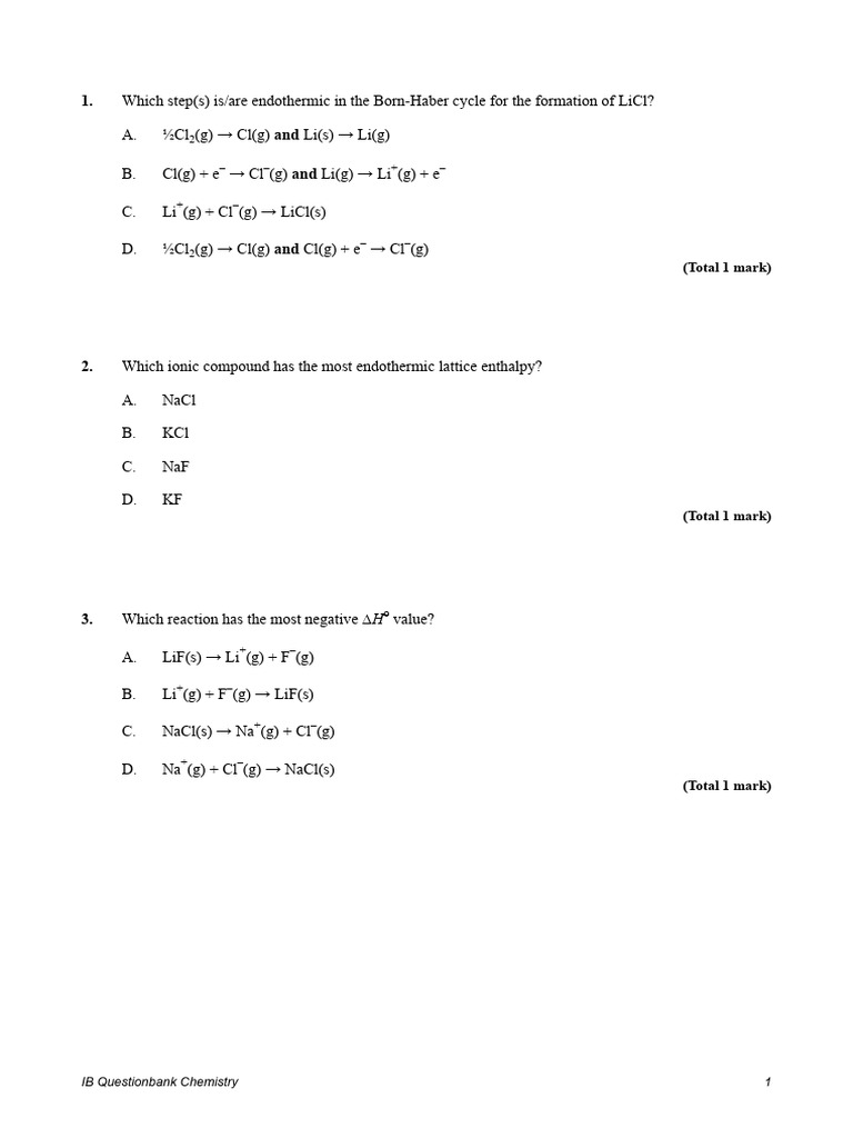 Born-Haber Cycles Questions | PDF | Chloride | Chemistry