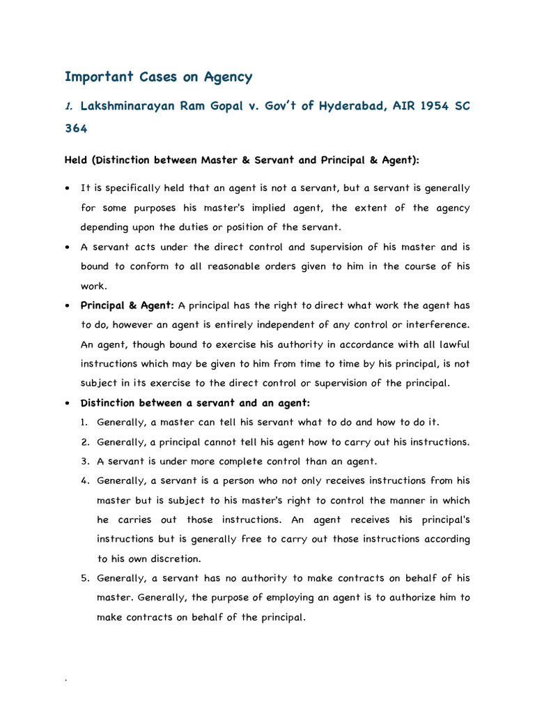 Landmark Agency Law Cases Explained | PDF | Law Of Agency | Legal Liability