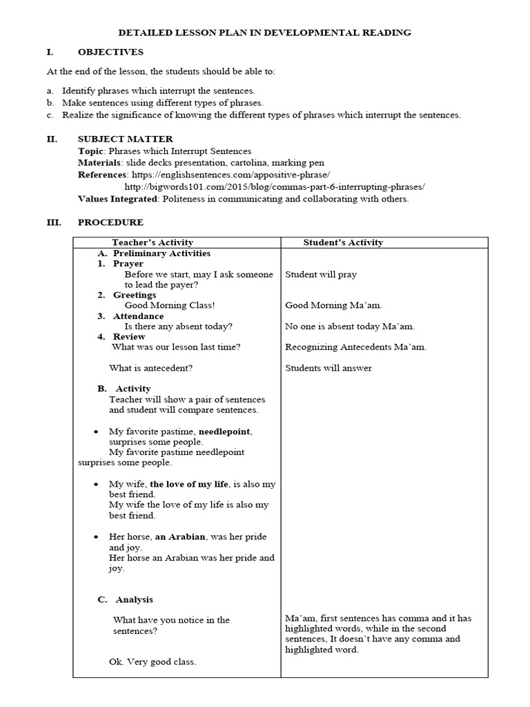 Detailed Lesson Plan in Developmental Reading | PDF | English Grammar ...