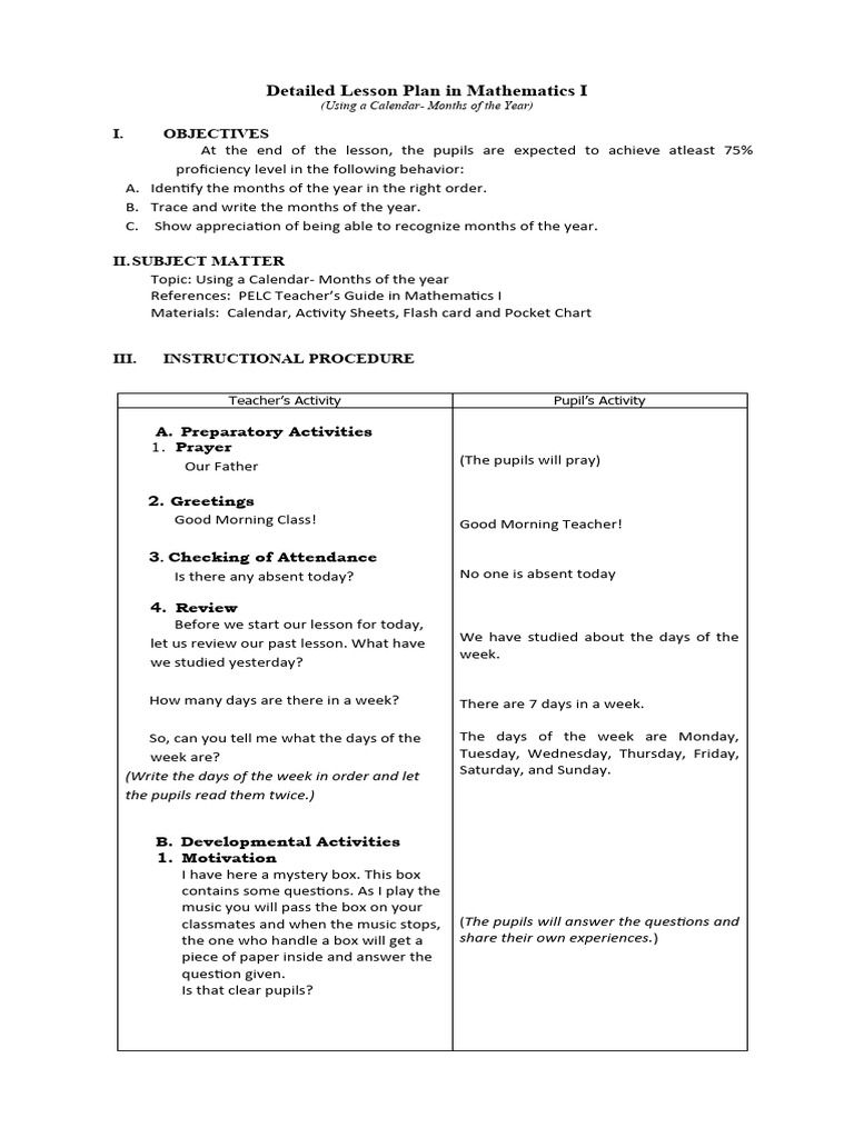 Detailed Lesson Plan in Mathematics 1.do-2 | PDF | Lesson Plan ...