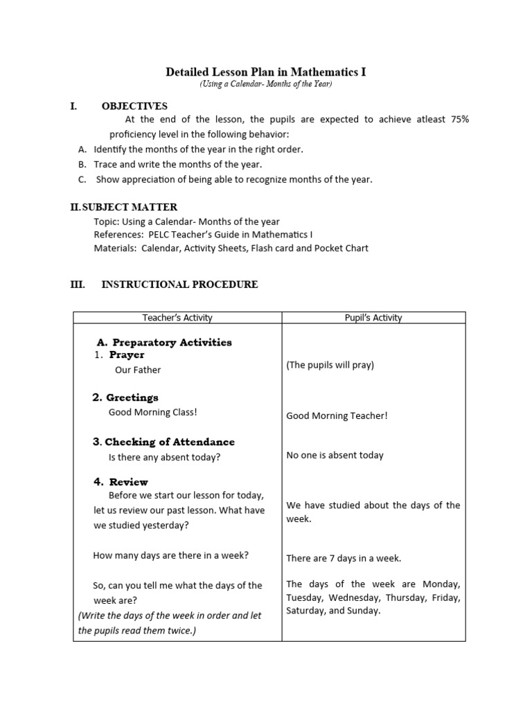 Detailed Lesson Plan in Mathematics 1.do-1 | PDF | Lesson Plan | Behavior Modification