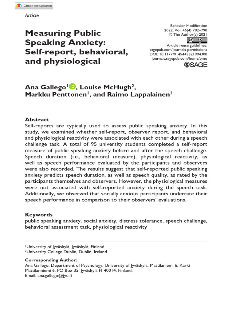 Gallego Et Al 2021 Measuring Public Speaking Anxiety Self Report ...