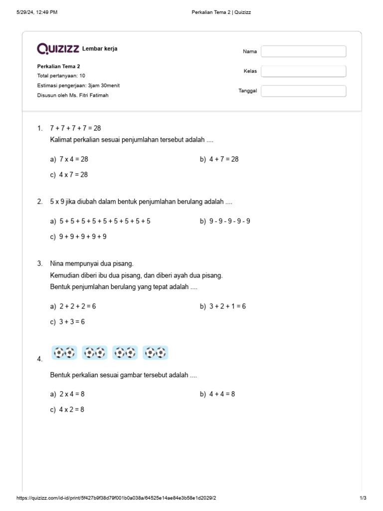 Soal Perkalian Kelas 1 dan 2 SD | PDF