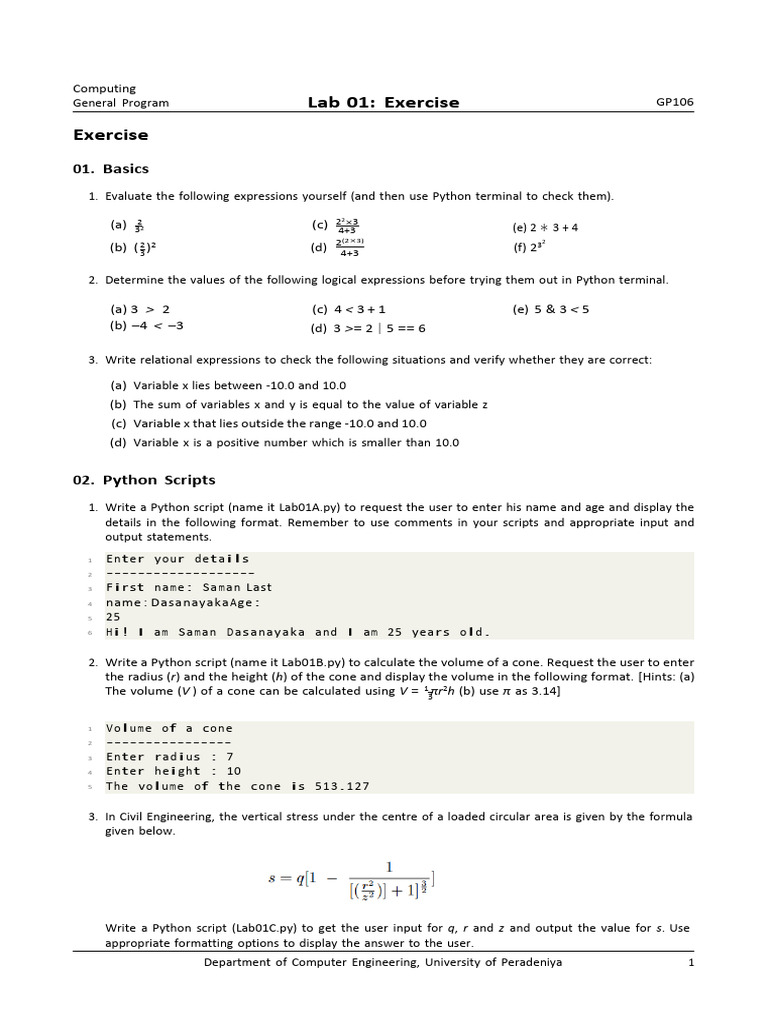 Lab 01 - Lab Exercise | Download Free PDF | Python (Programming Language) | Computer Engineering