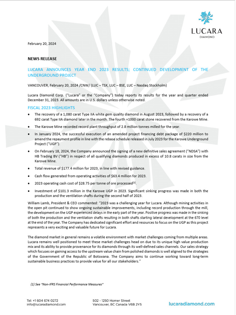 News Release: Lucara Announces Year End 2023 Results Continued ...