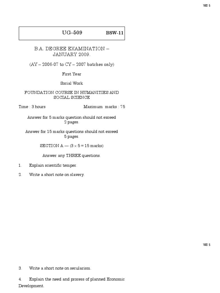 BSW 1st Year Social Work Exam Paper | PDF