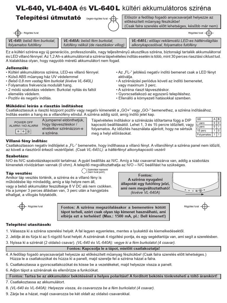 VL-640 VL-640A VL-640L Szirena Telepitesi A4 | PDF