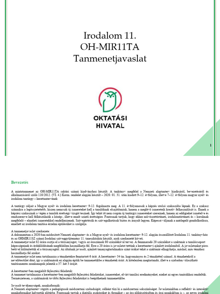 OH-MIR11TA Irodalom 11 Tanmenet | PDF