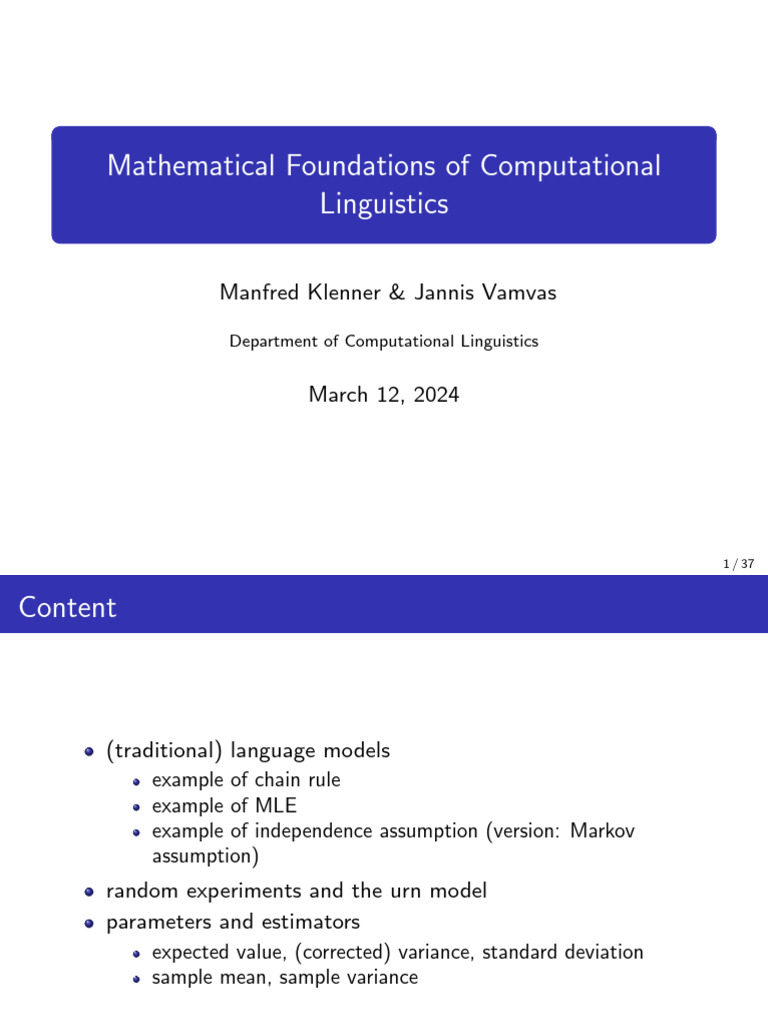 Mathematical Foundations of Computational Linguistics: Manfred Klenner & Jannis Vamvas | PDF ...