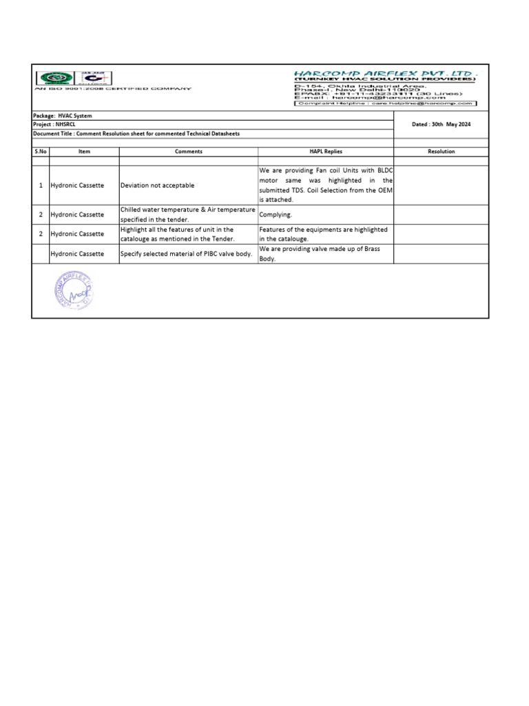 HVAC Datasheet Comment Resolution | PDF | Heat Exchanger | Duct (Flow)