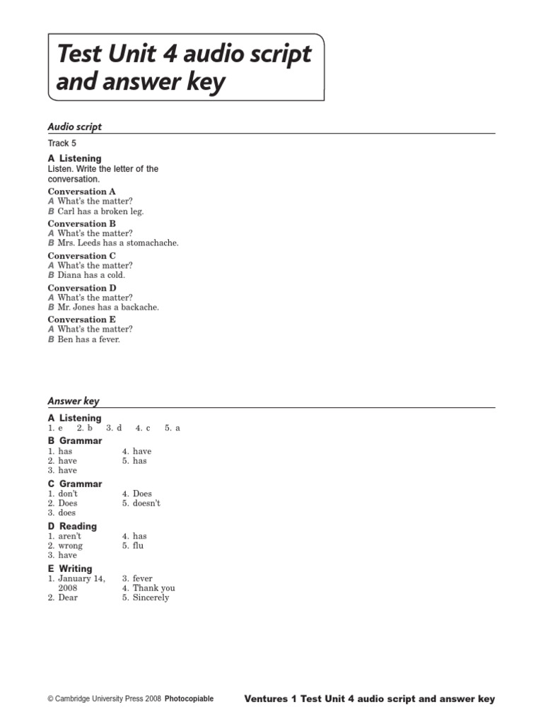 Answer Key - Audio Script For Unit 4 Test | PDF Answer Key - Audio Script For Unit 4 Test | PDF