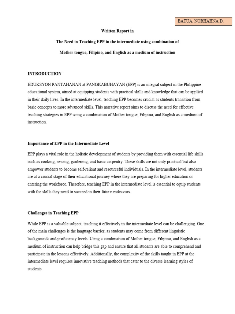 Written Report in TLE EPP - Batua | PDF | Teachers | Learning