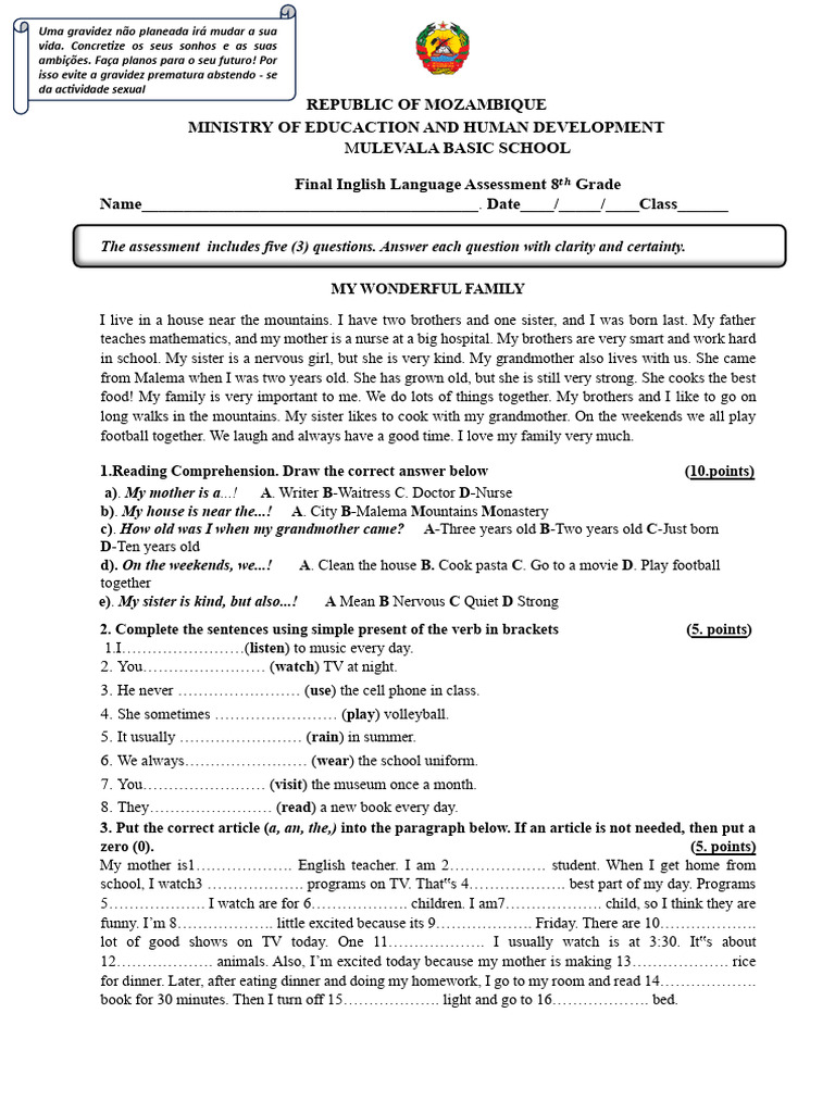 Avaliacao de Inglesh 8a Classe PDF Final... para Imprimir | PDF