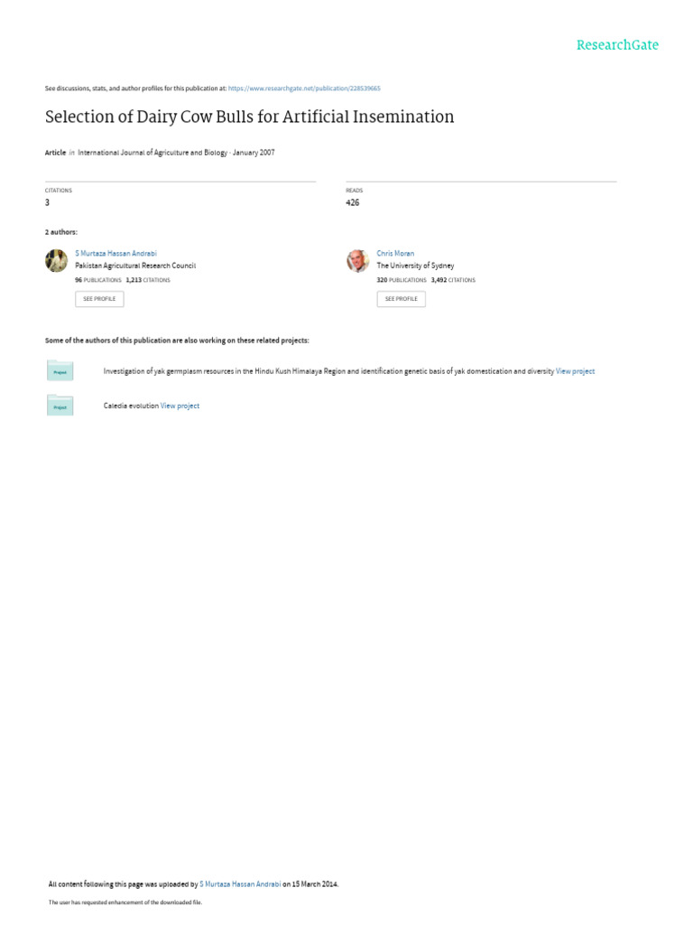 Selection of Dairy Cow Bulls For Artificial Insemi | PDF | Cattle | Dairy Cattle