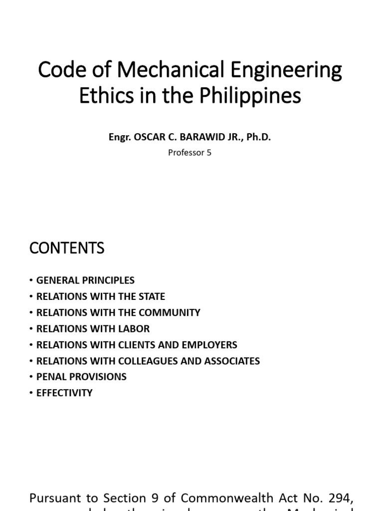 Philippine Mechanical Engineering Ethics Code | PDF | Employment | Engineer