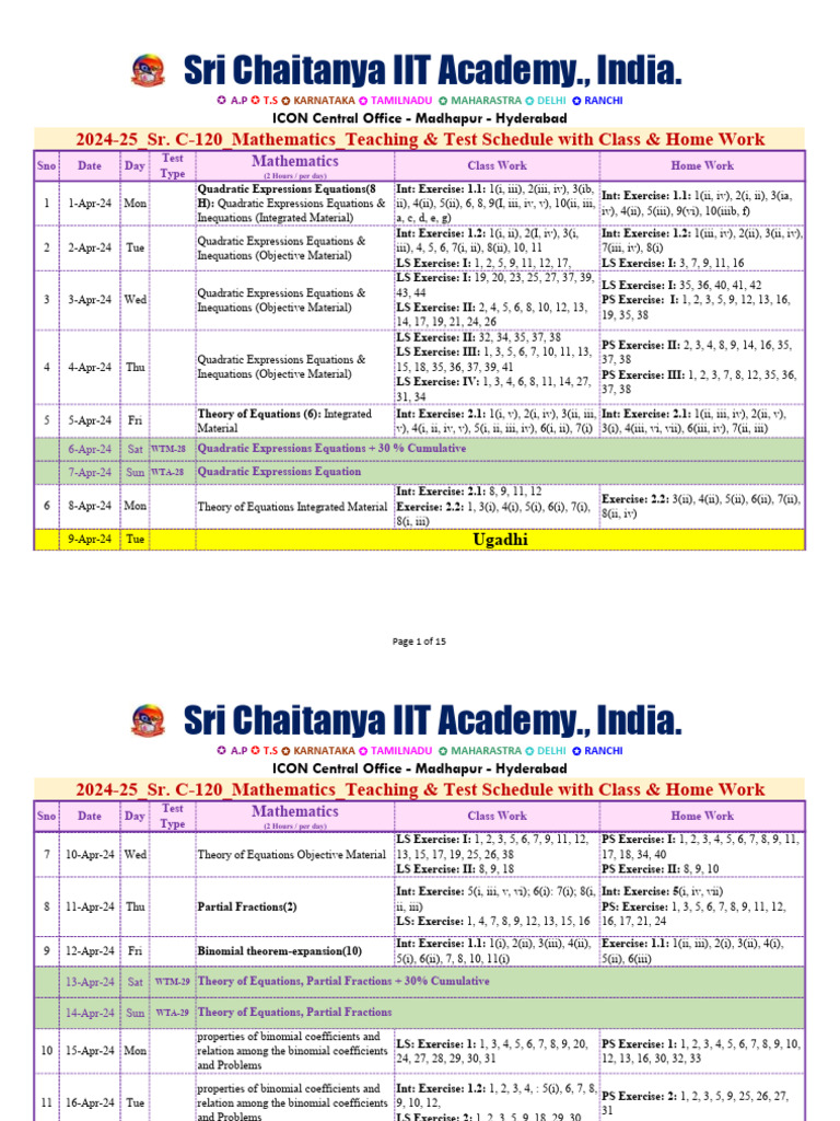 2024-25 - Sr. C-120 - Mathematics - Teaching & Test Schedule With Class ...