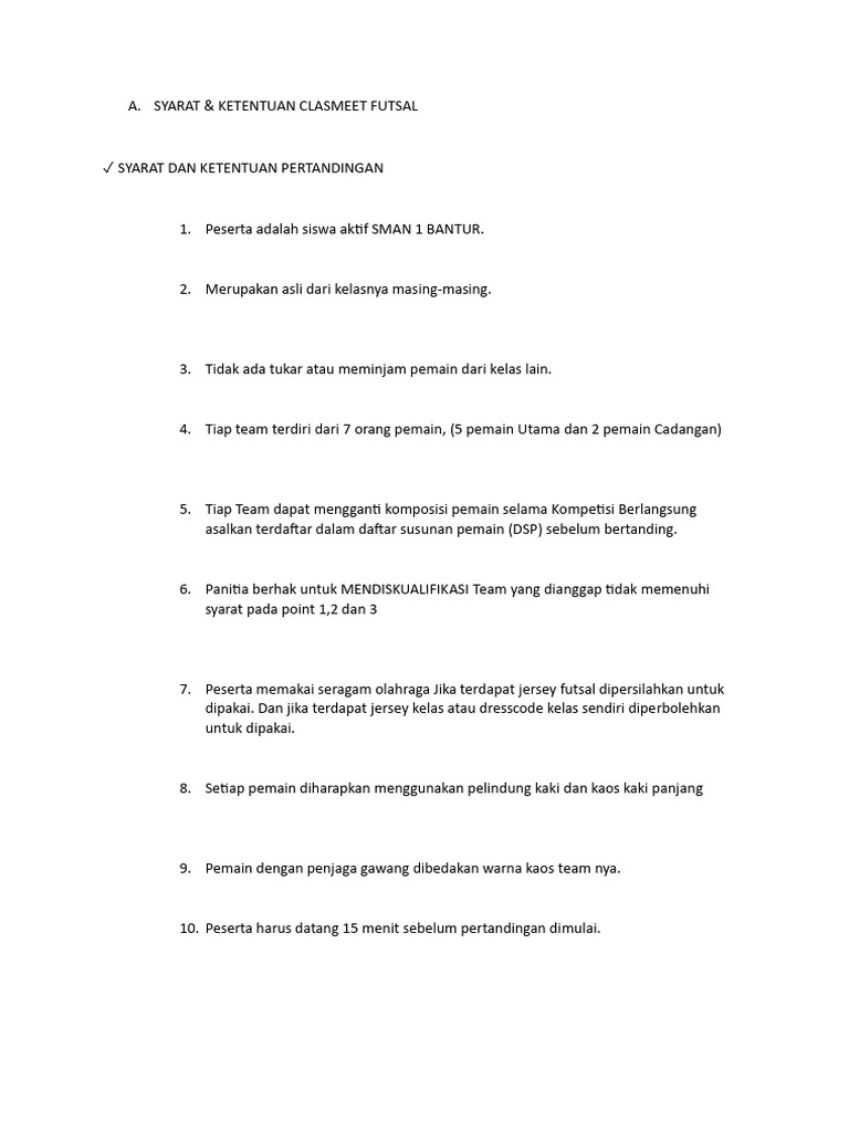 Syarat dan Ketentuan Clasmeet Futsal | PDF